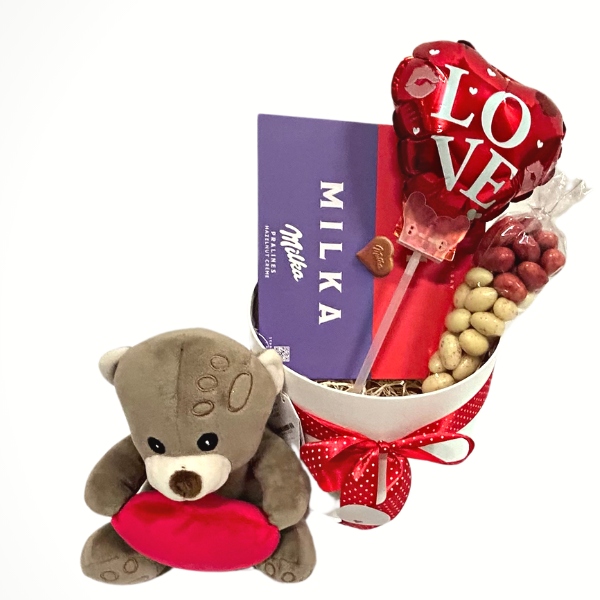 Valentínsky set - Plyšový medvedík, Milka 110 g, mandle v čokoláde 150 ...